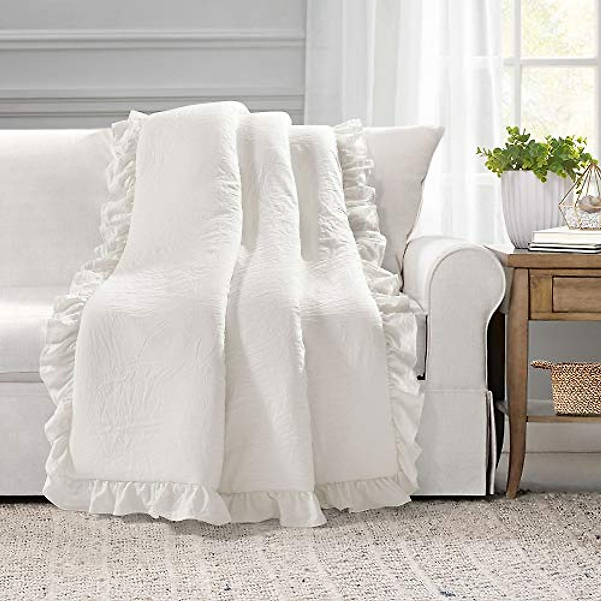 Lush Decor Reyna Soft Knitted Ruffle Throw Blanket, 50" x 60", White
