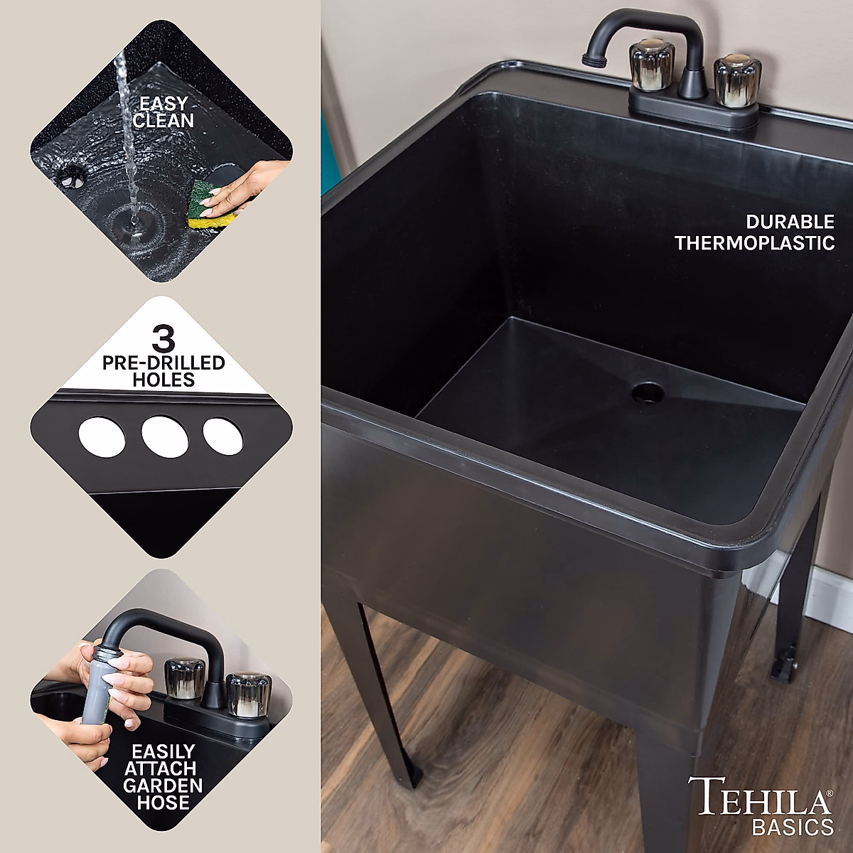 Tehila Basics by JS Jackson Supplies 21-Gallon Black Freestanding Utility Sink with Black 2-Handle Faucet, Heavy Duty Plastic Laundry Tub with Adjustable Legs