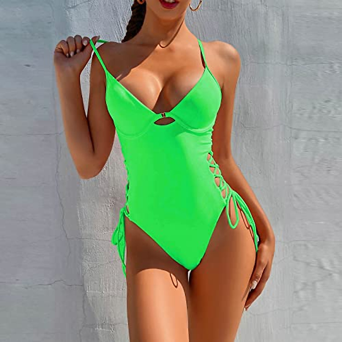 Nadition One Piece Swimsuit Women Women's Bikini Swimsuits Sexy Plain V-Neck Beach Swimwear Bikinisfor Women,Green,S