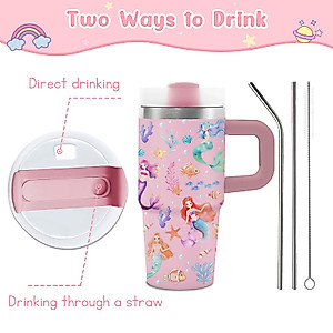 Mermaid Gifts for Girls, Little Mermaid Tumbler with Handle and Straw for Kids 14 oz, Mermaid Gifts for Ocean Lover, Insulated Stainless Steel Mermaid Cup, Mermaid Birthday Gifts for Toddlers Girls