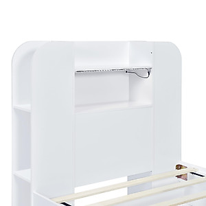 Jintop Twin Size Platform Bed Frame with 2 Drawers and Light Strip Design in Headboard,Bedroom Storage Wood Bed W/ 3 Bedside Open Shelves,Slat Support,for Girl Boy Kid,White