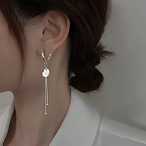 SLUYNZ 925 Sterling Silver Disc Dangle Earrings Hoop for Women Coin Hoop Earrings Tassel (A-Silver)