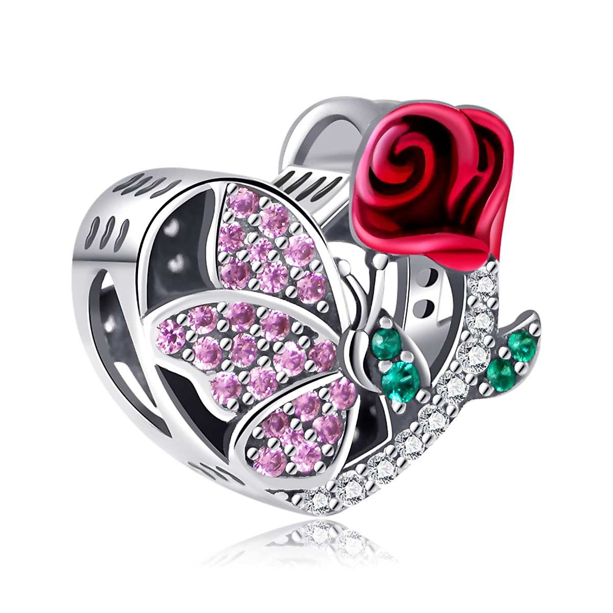 NINGAN June-Rose &Butterfly Birth Charm for Bracelets 925 Sterling Silver Pendant Bead with Cubic Zirconia Birthday Jewelry Gifts for Women Wife Mom Her
