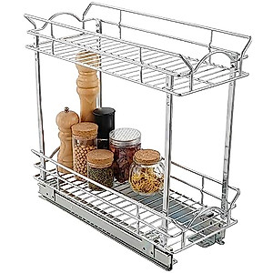 OCG Slide Out Cabinet Organizer for Narrow Cabinet (9" W X 21" D), 2 Tier Pull Out Shelves Slim Sliding Cabinet Organizer and Storage, Chrome