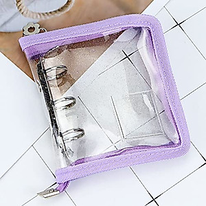 MultiBey Transparent Mini Binder 3 Ring, Glitter PVC Zipper Binder 3.7'' x 5.2'' for Cards Photos with 20 Card Slots (Purple)
