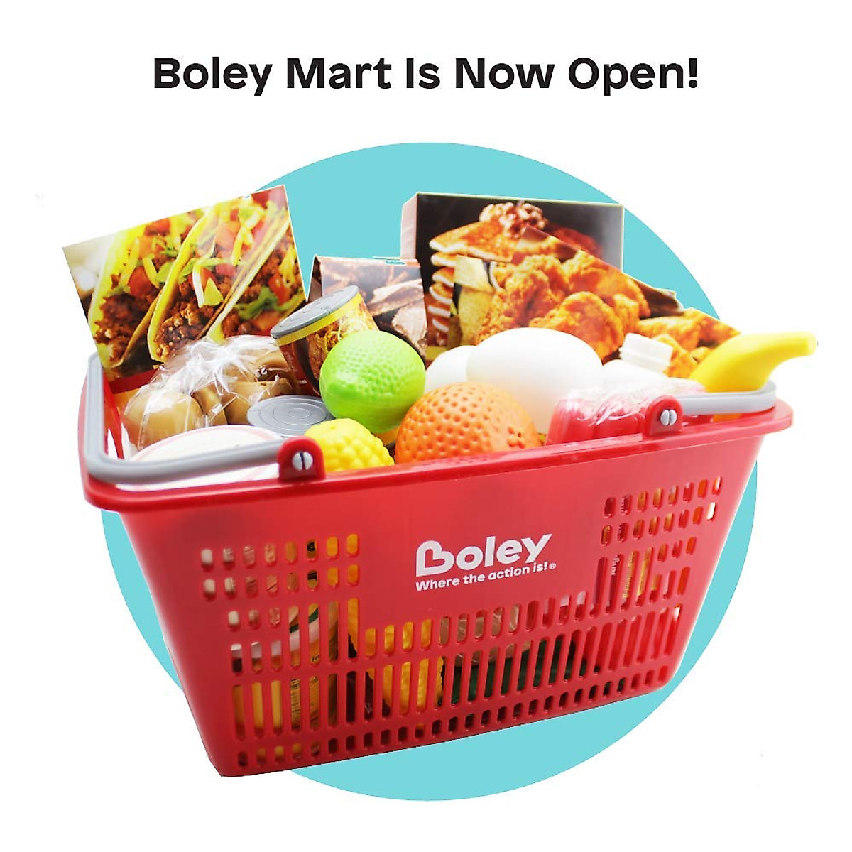 Boley Shopping Basket Toy - Pretend Grocery Shopping Play Set with 24 Realistic Play Food Items - Fruits, Vegetables, Drinks, Meats - Educational and Durable - for Kids and Toddlers Ages 3 and Up