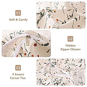Lekesky Cotton Duvet Cover Queen Size - 100% Washed Cotton Beige Floral Duvet Cover Set for All Season, Soft and Breathable Bedding Set with Zipper Closure & Corner Ties