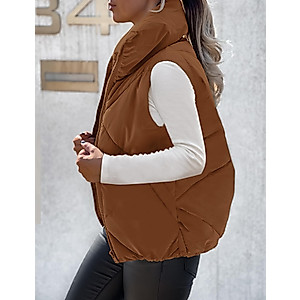 MEROKEETY Womens Puffer Vest Sleeveless Zip Up Quilted Coat Lightweight Stand Collar Gilet Jacket With Pockets Brown Medium