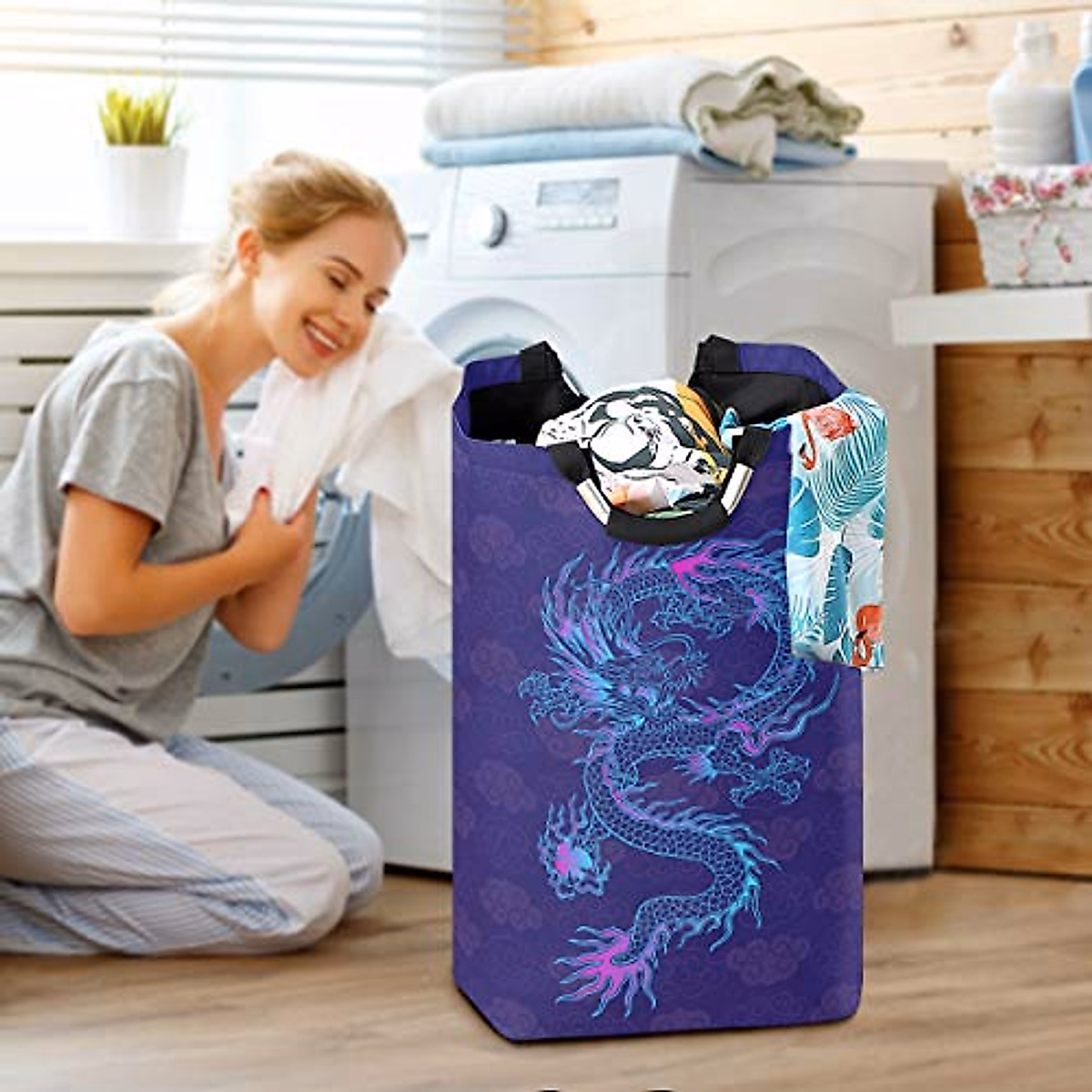 ATTX 22.7’’ Purple Chinese Dragon Waterproof Foldable Laundry Hamper, Dirty Clothes Laundry Basket, Storage Organizer for Toy Collection