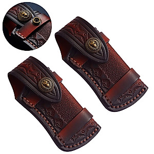 2PC Hand Made Carved Leather Sheath for Folding Knife Cover Pouch Belt Clip