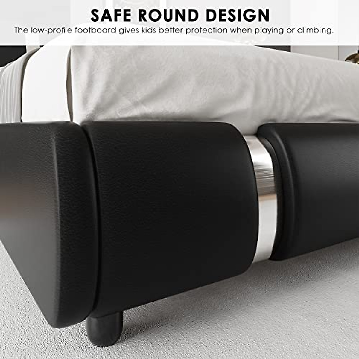 TTVIEW Modern Faux Leather Upholstered Platform Bed Frame with Iron Metal Decor, Adjustable Curved Headboard, Wooden Slats Support, No Box Spring Needed, Queen Size, Black