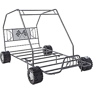 Metal Twin Size Kids Bed with Racer Cart Design ,Go Kart Car Bed for Boys, Twin Bed Frame with Four Wheels and Headboard ,Sturdy Slat System, No Box Spring Needed, Fit for Kids Teens Bedroom,Gunmetal