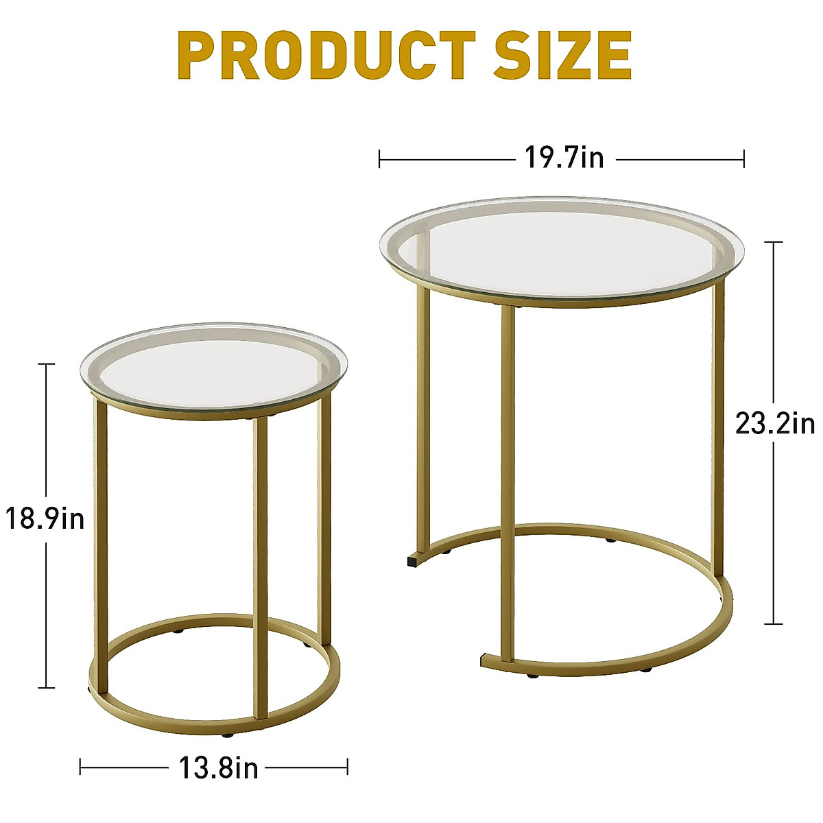 Azheruol Nesting Coffee Table Set of 2,Modern Gold Tempered Glass Side Table, Metal Frame Round End Table.Small Glass Tea Table for Living Room,Bedroom Studio Apartment Essentials，23.2in