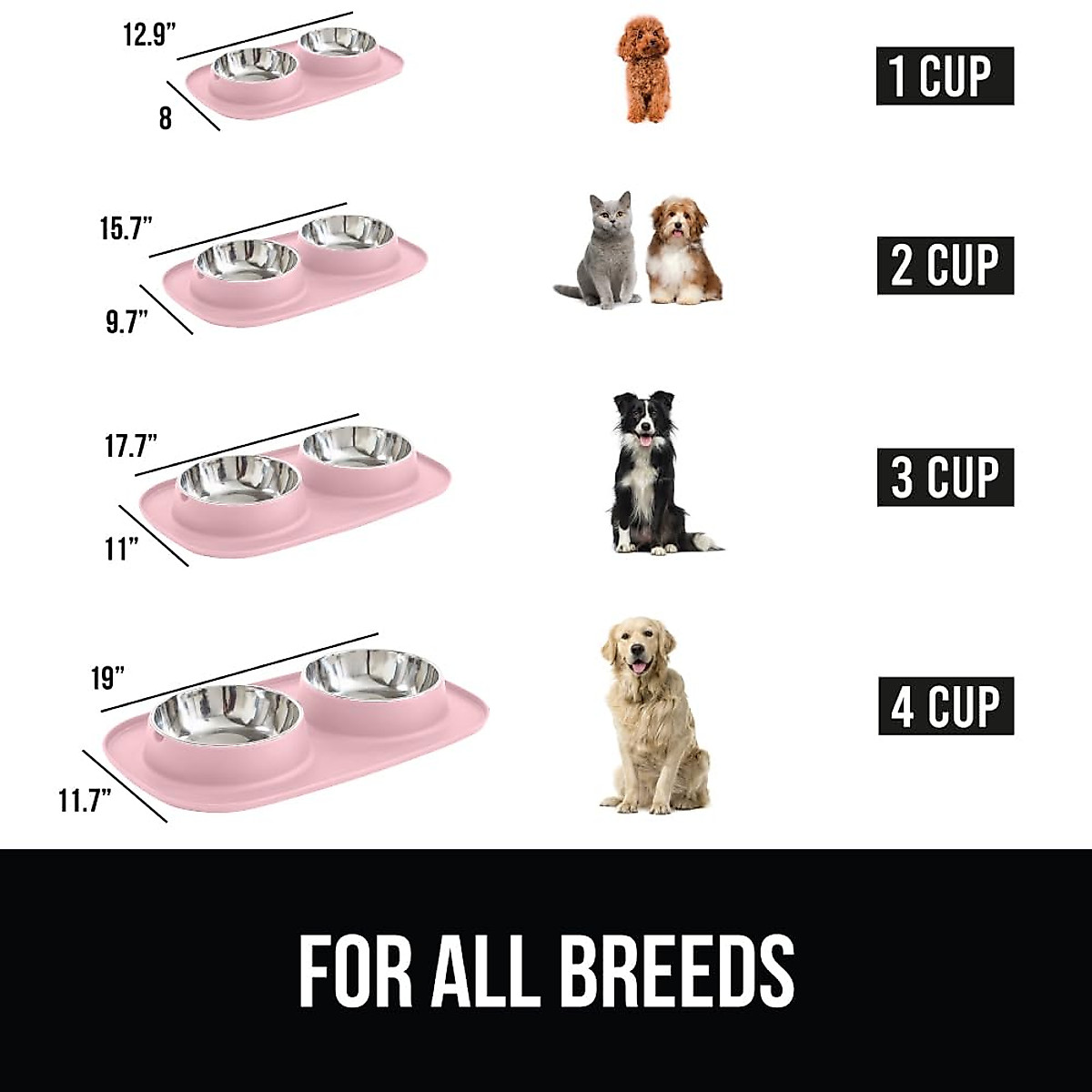 Gorilla Grip 100% Waterproof BPA Free Cat and Dog Bowls Silicone Feeding Mat Set, Stainless Steel Bowl Slip Resistant Raised Edges, Catch Water, Food Mess, No Spills, Pet Accessories, 2 Cup, Pink