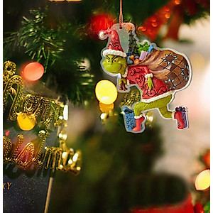 Grinchs Christmas Tree Ornaments, 2023 Christmas Thanksgiving Vacation Wooden Pendant Funny Green Grinchs Christmas Decor for Home Holiday Party (A)
