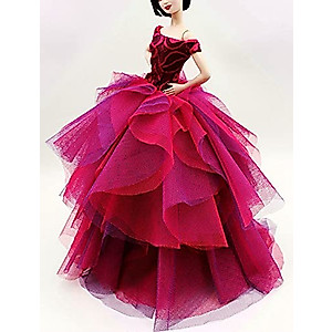 [Handmade Dress Fit for 12" Doll] Cora Gu Classic Off Shoulder Fuchsia Rose Lace Dress/Wedding Gowns Fit for 12" Fashion Doll [Doll's not Included]
