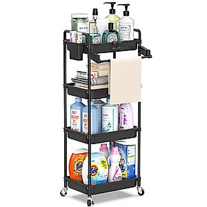 SPACEKEEPER Rolling Storage Cart, 4-Tier Bathroom Organizer Utility Cart Laundry Room Organization Mobile Shelving Unit with Towel Rack, Lockable Wheel, Hooks & Cup for Kitchen Bedroom Office, Black
