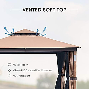 10x12 Gazebo Canopy Soft Top Outdoor Gazebo Tent 2-Tier Curtain Double Roof Vented Gazebo with Mesh, LED Lights, and Bluetooth Speakers