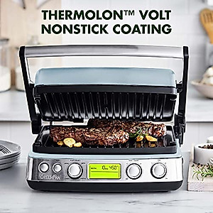 GreenPan Elite 7-in-1 Multi-Function Contact Grill & Griddle, Healthy Ceramic Nonstick Aluminum, Two Sets of Grill & Waffle Plates, Adjustable Shade & Shear, Closed Press/Open Flat Surface, Blue Haze