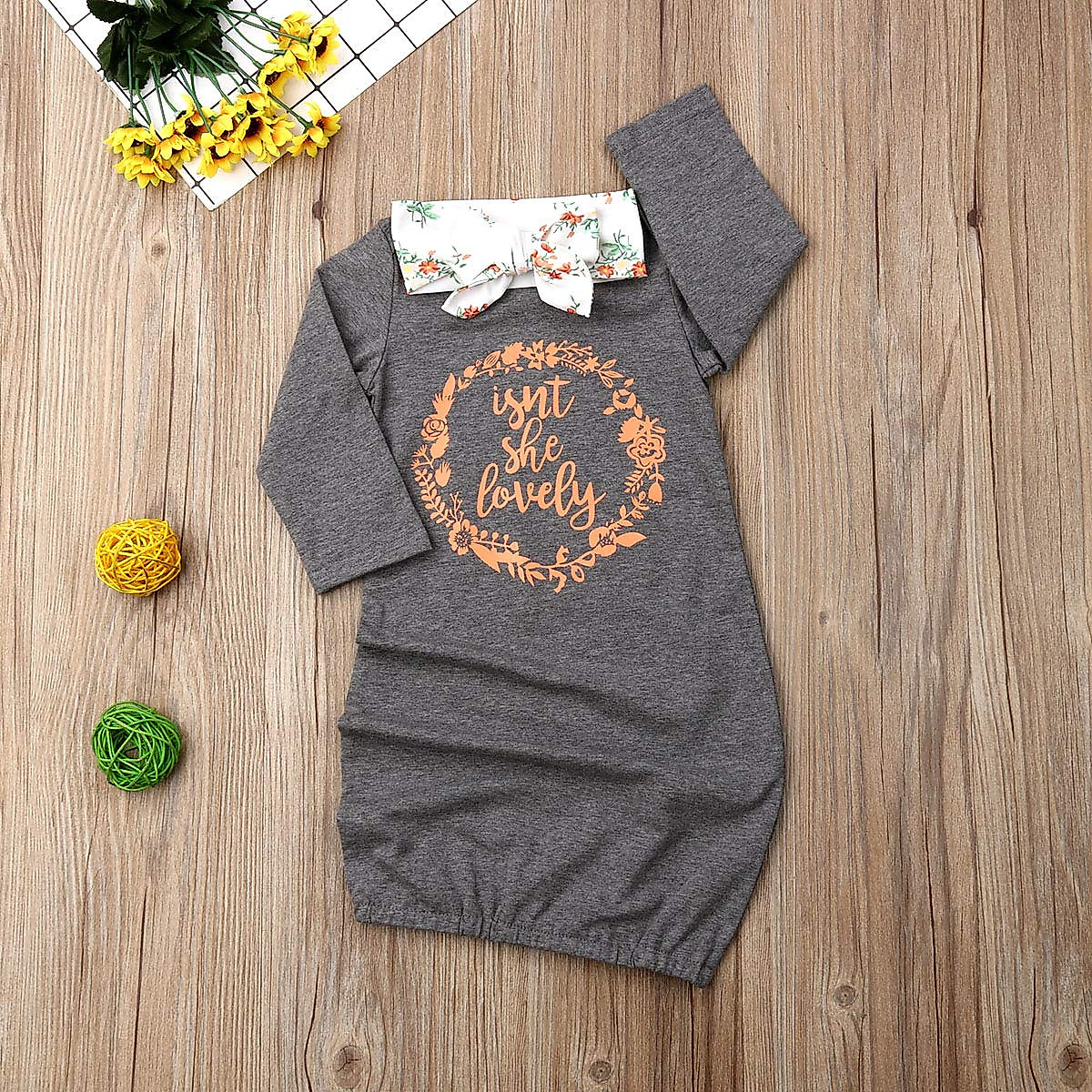 Qiylii Newborn Baby Girl Isn't She Lovely Floral Nightgowns Headband Sleepwear Sleeping Bag (0-3 Months, Gray)