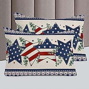 Lsrtoss 4th of July Queen Duvet Cover Set for All Season, Independence Day Eucalyptus Leaves Blue Red Star Microfiber 3 Piece Bedding Set with 2 Pillowcases & 1 Quilt Cover, 90" W x 92" L, Queen Size