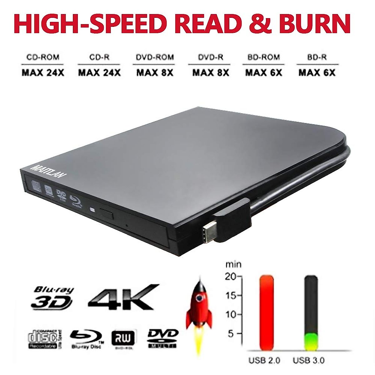 Ultra Slim External 4K UHD HD 3D Blu-ray Disc Player, USB Type-A & Type-C USB-C 2-In-1 6X BD-R BD-RE DL BDXL 100GB DVD-R M-Disc Burner Portable Optical Drive, for Windows 10 Mac OS Laptop & Desktop PC