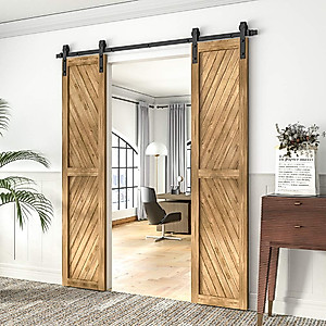 WINSOON 6FT Barn Door Hardware Kit: Double Sliding Door Hardware - Black Barn Door Track Kit - Carbon Steel Heavy Duty Door Rail - J-Shape Easy to Install for 36" Closet Panel(No Door)