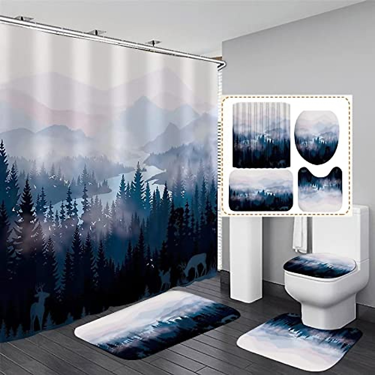 DDQQ 4Pcs Misty Mountain Shower Curtain Sets Dark Blue Tree Bathroom Set Decor with Non-Slip Rugs Bath U-Shaped Mat Toilet Lid Cover Woodland Nature Bathroom Curtains Shower Set with 12 Hooks
