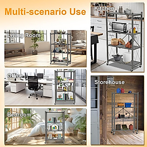 KAERMO 5-Tier Foldable Storage Shelves with Wheels -No Assembly Metal Folding Shelves, Collapsible Shelving Storage Unit Rolling Shelf for Home Garage Kitchen Office (Dark Grey)