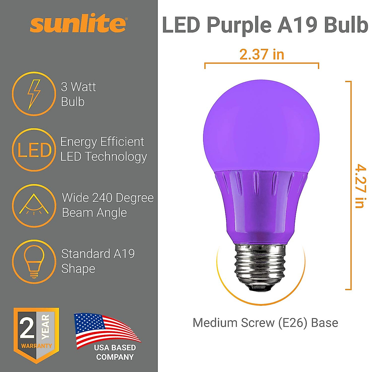 Sunlite 80132-SU LED A19 Standard a Type Light Bulb, 1 Pack, Purple