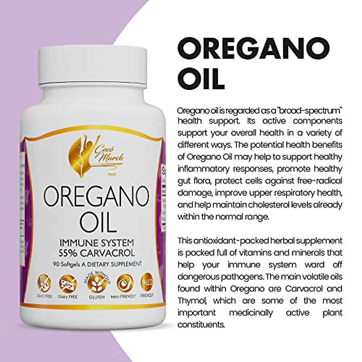 Coco March Oregano Oil - 55% Greek Carvacrol Immune System Support - Gluten Free, Dairy Free, GMO Free, Keto Friendly, Paleo Friendly - 90 Capsules