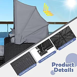 Tangkula Patio Rattan Daybed with Retractable Canopy, Patiojoy Wicker Sun Lounger with 2 Foldable Side Panels, Thick Seat & Back Cushions, for Garden, Backyard, Porch (Grey)