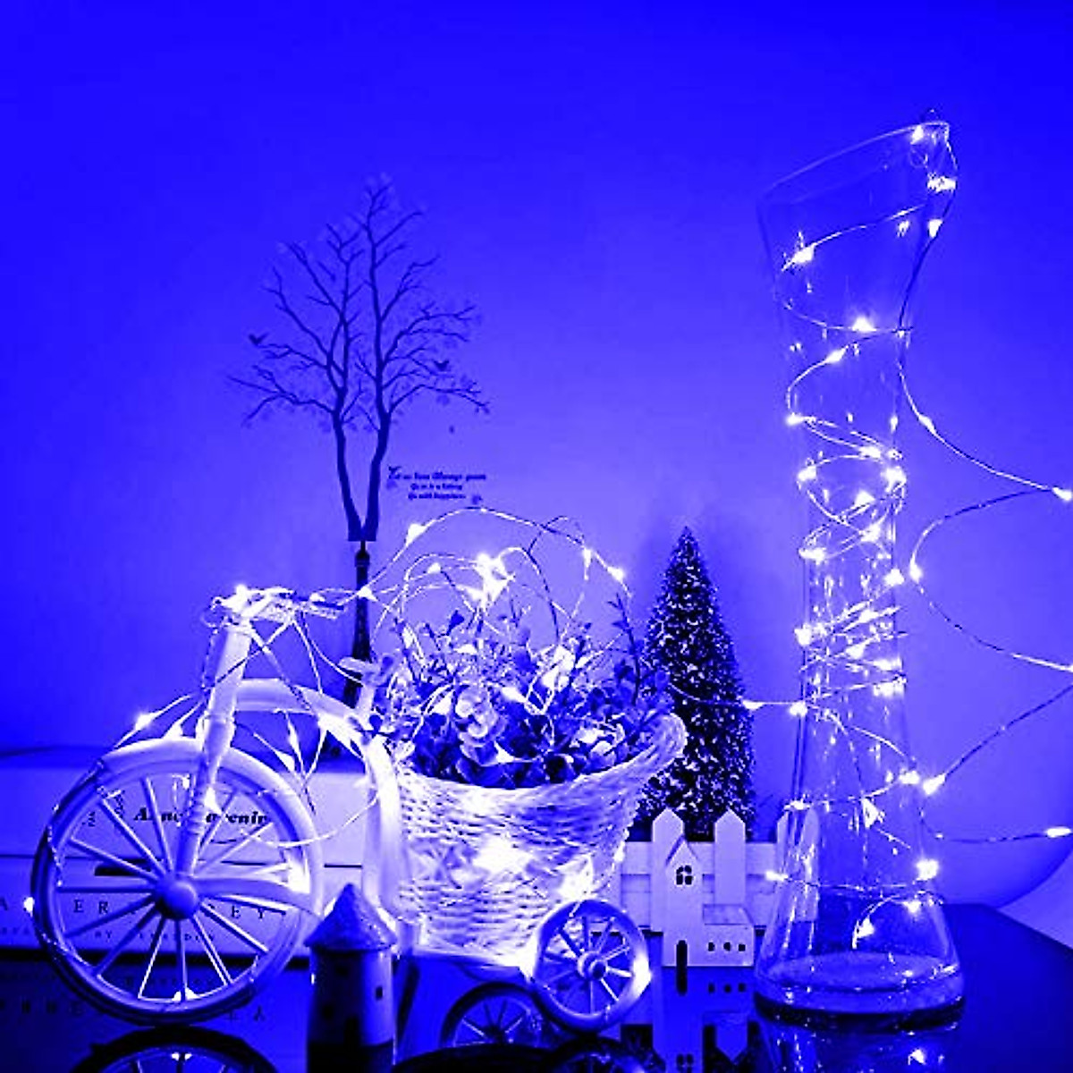 UPOOK Solar String Lights, Copper Wire Solar Fairy Lights 100LED 33Ft 8 Modes, Waterproof Outdoor String Lights, Blue Decorative Lights for Christmas Party Wedding and Patio Garden Yard, 2 Pack
