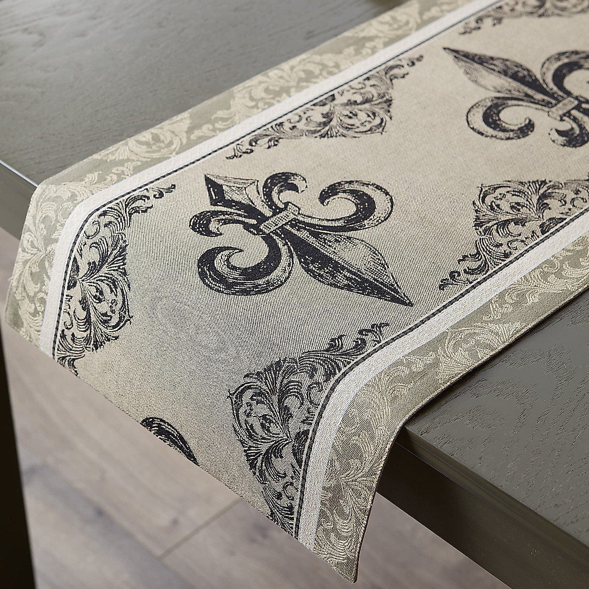 DII French Style Tabletop Kitchen Collection, Reversible Table Runner, 14x108, Fleur de Lis Stripe