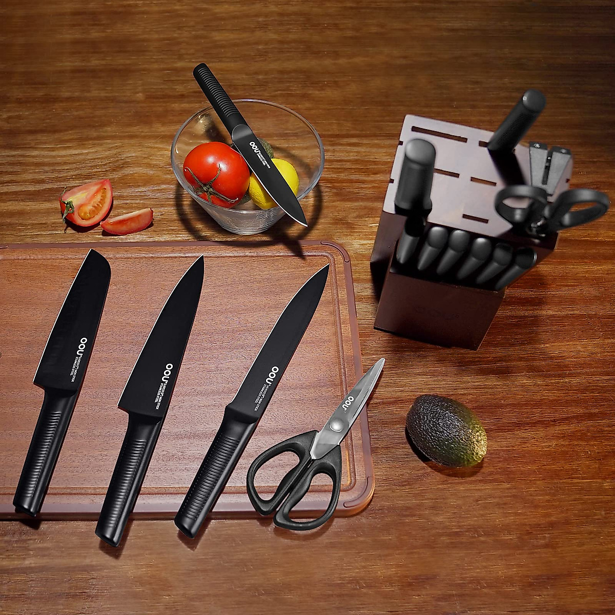 OOU Kitchen Knife Block Set - 15 Pieces High Carbon Stainless Steel Chef Knife Sets, Anti-Rust Black Knives Set with Built-in Sharpener Block, Walnut