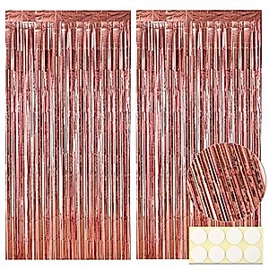 RUBFAC Rose Gold Foil Fringe Curtain, 6.4x8 Feet, Pack of 2, Metallic Rose Gold Streamers, Rose Gold Backdrop for Party Decorations for Birthday Decor Bachelorette Wedding Princess Party Graduation