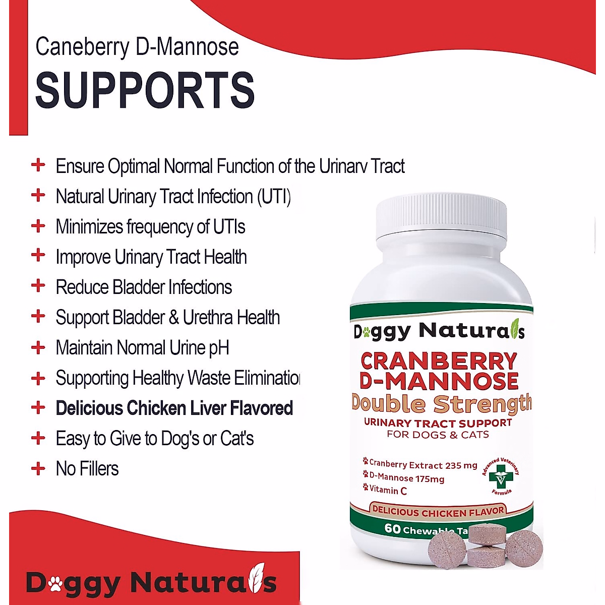 Cranberry D-Mannose for Dogs and Cats Urinary Tract Infection Support Prevents and Eliminates UTI, Bladder Infection Kidney Support, Antioxidant (Double Strength Tablet, 60 Count)
