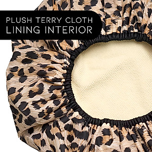 Reusable Nylon Shower Cap & Bath Cap, Reversible Oversized Waterproof Shower Caps Large Designed for all Hair Lengths w Terry Lining & Elastic Band Stretch Hem Hair Hat - Socialite Safari Spots