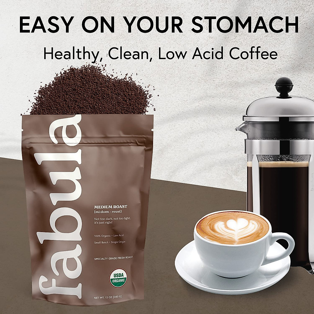 Fabula Organic Coffee for French Press, Low Acid Coffee Freshly Ground - Non-GMO - No Mold - Mycotoxins Pesticides Free - Single Origin Coffee - 12 oz