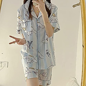 Oxsioeih Kawaii Silk Pajamas Set for Women & Girls Cute Cartoons Satin Button-down Shorts Two-piece Pj Sets Cardigan Sleepwear Loungewear for Summer