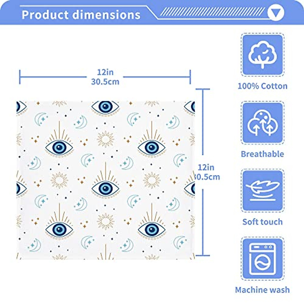 Magic Evil Eye Washcloth 12x12in Set, 2 Pack Absorbent Cotton Towel Square Kitchen Dishes Towels, Soft Cleaning Face Hand Towel Fast Drying