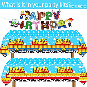 Cartoon Story Party Supplies 133pcs Party Decorations include Paper Plates Napkins Cups Tablecloth and Banner for Boys Girls 1st 2nd 3rd 4th Birthday Decor, Serve 30 Guest