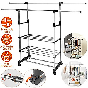 KOCASO Garment Rack with Wheels Double Rod Clothes Rack Clothing Rack with Shelves Rolling Clothes Rack