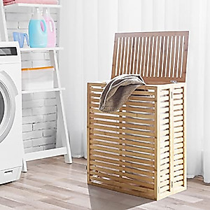 MUPATER Laundry Hamper with Lid, Bamboo Laundry Basket 2 Section with Removable Liner Bags, Foldable Clothes Hamper for Laundry Room, Bedroom and Bathroom