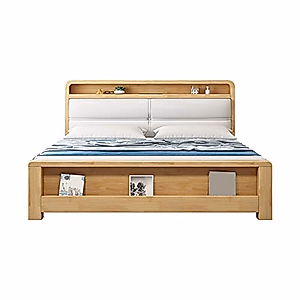 LITFAD Wood Panel Bed Nordic Bed Frame with Headboard Wooden Slats Support Bed Storage Included - Wood Pull-Out Storage California King
