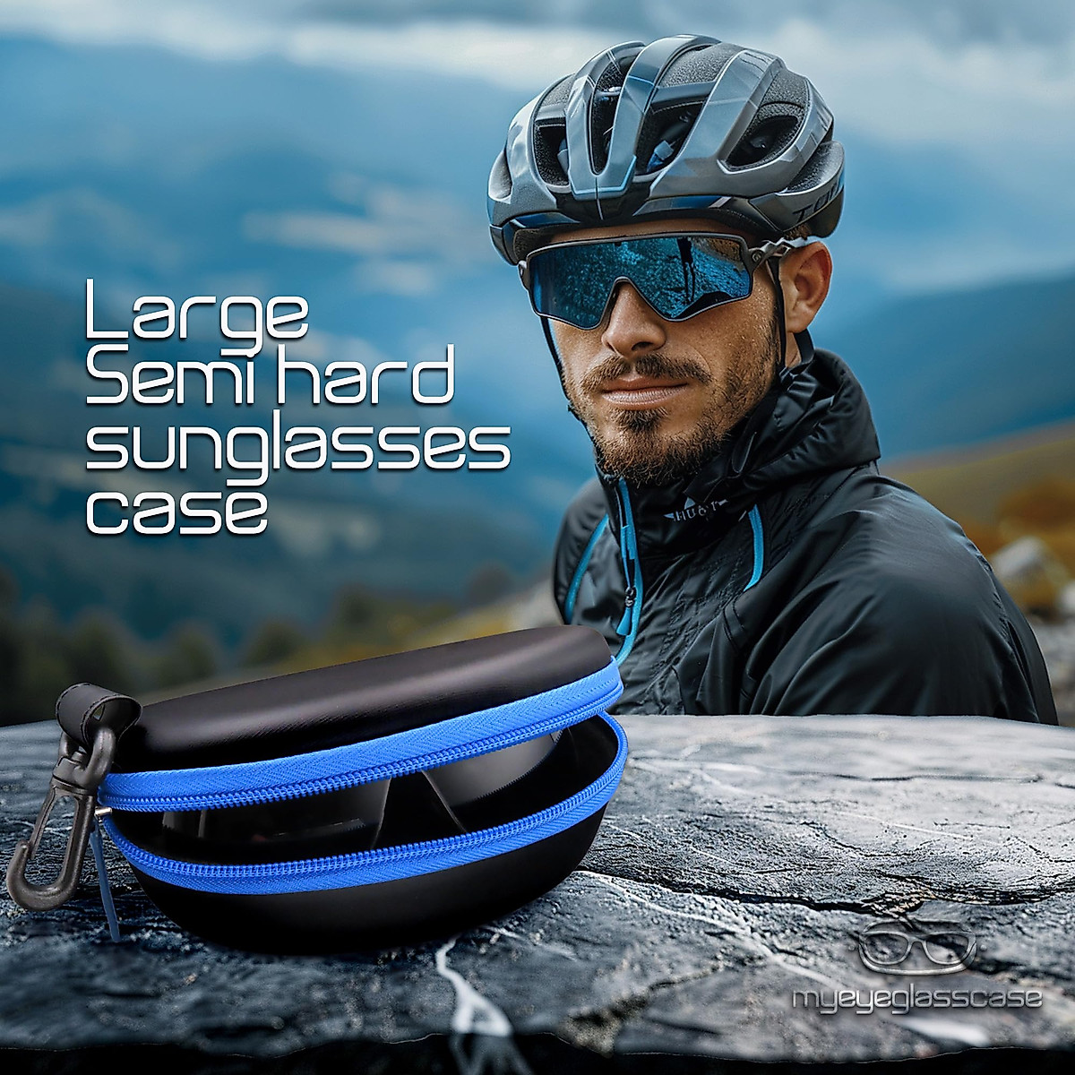 MyEyeglassCase Semi Hard Sunglasses Case with Slim Wallet – ACTIVE EVA Zippered Glasses Case & Carabiner Hook, Hard Eyeglass Case for Large Eyeglasses & Small Goggles (B15HC BLK/BLUE)