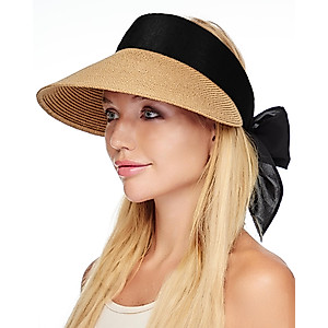 FURTALK Straw Sun Visor Hats for Women Summer Beach Sun Hat Packable UPF 50 Sun Protection Travel Hat with Big Tie Khaki