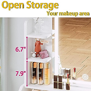 LIKIMIO Small Makeup Vanity Desk with Mirror and Lights, Vanity Table Set with Storage Drawer & Chair & 3 Shelves, Bedroom, White