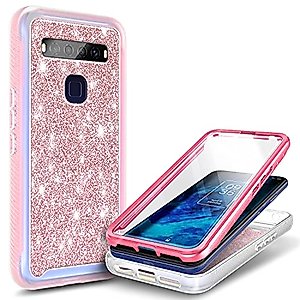 NZND Case for TCL 10 5G UW (Verizon) with Built-in Screen Protector, Full-Body Protective Shockproof Matte Rugged Bumper Cover, Impact Resist Durable Phone Case (Glitter Rose Gold)