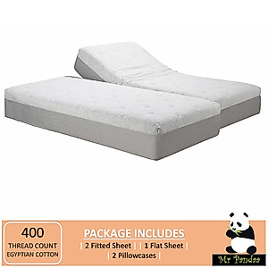 Split King Sheets Sets for Adjustable Bed, Soft 100% Egyptian Cotton 400-Thread-Count, Sateen Weave, 5PC Set with 2 Fitted Sheets, Split-King Sheet Set 25-Inch Deep Pockets, 400-TC - Light Blue Solid